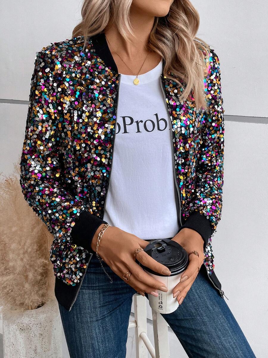 SHEIN LUNE Asymmetrical Pattern Sequin Accent Party Music Festival Classic Zip-Up Flight Jacket ...