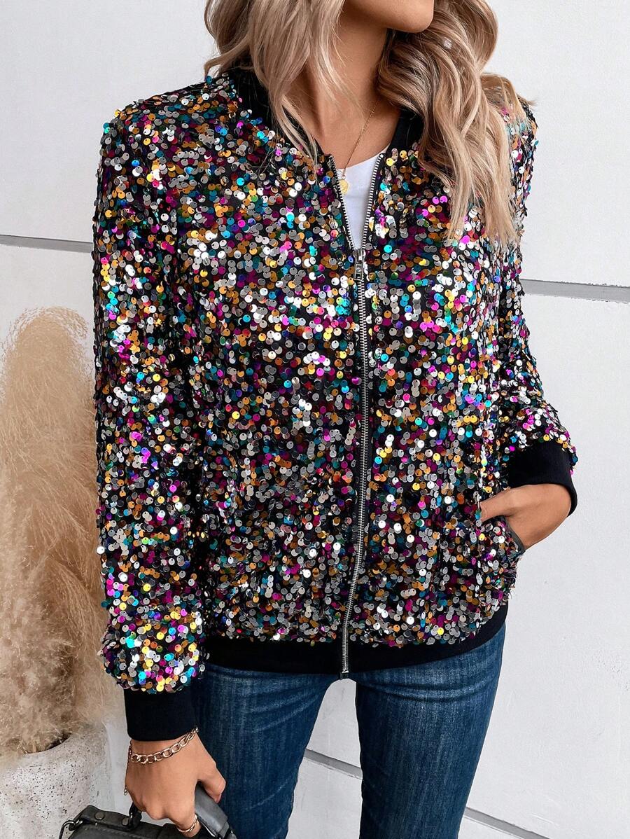 SHEIN LUNE Asymmetrical Pattern Sequin Accent Party Music Festival Classic Zip-Up Flight Jacket ...