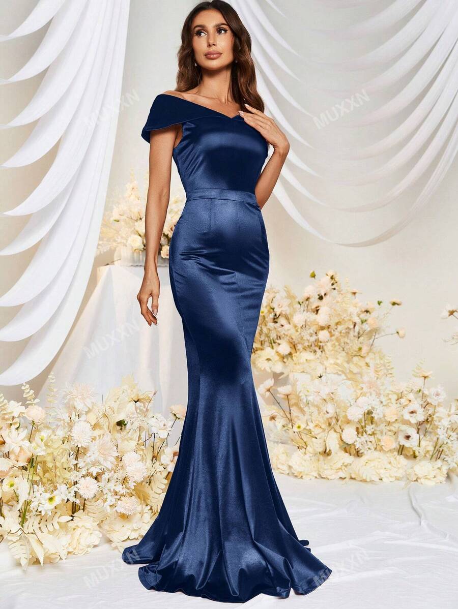 MUXXN Off Shoulder Mermaid Hem Satin Party Dress Elegant Formal Evening Prom Wedding Guest Gown ...