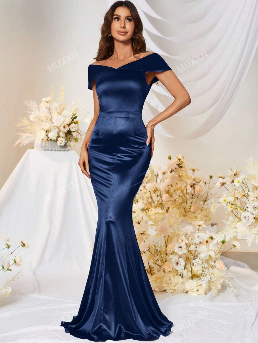 MUXXN Off Shoulder Mermaid Hem Satin Party Dress Elegant Formal Evening Prom Wedding Guest Gown ...