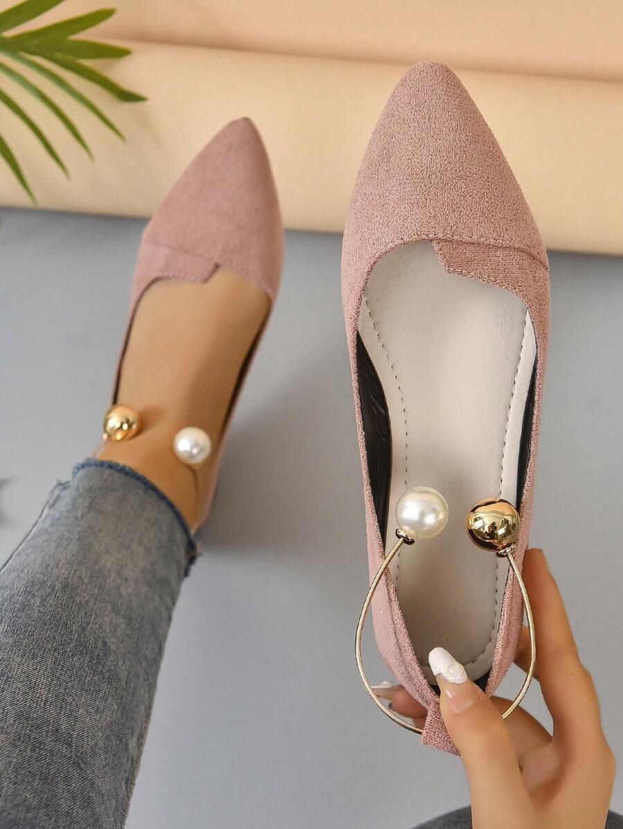 2025 New Low Vamp Pointed Toe Flat Shoes, Pearl Metal Decor Versatile ...