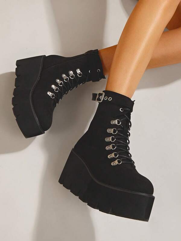 Women's Wedge Heel Thick Sole Boots With Buckle Decorative Strap And ...