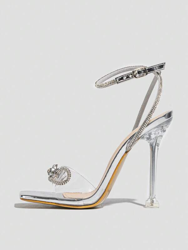 Stiletto transparent heel rhinestone summer strapless sandals, Silver ...