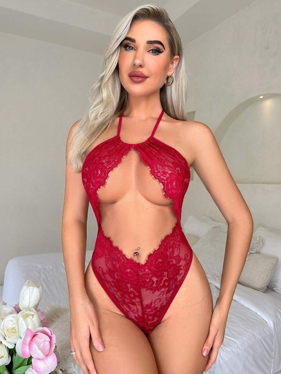 Classic Sexy Floral Lace Cut Out Halter Teddy Bodysuit Shein Usa