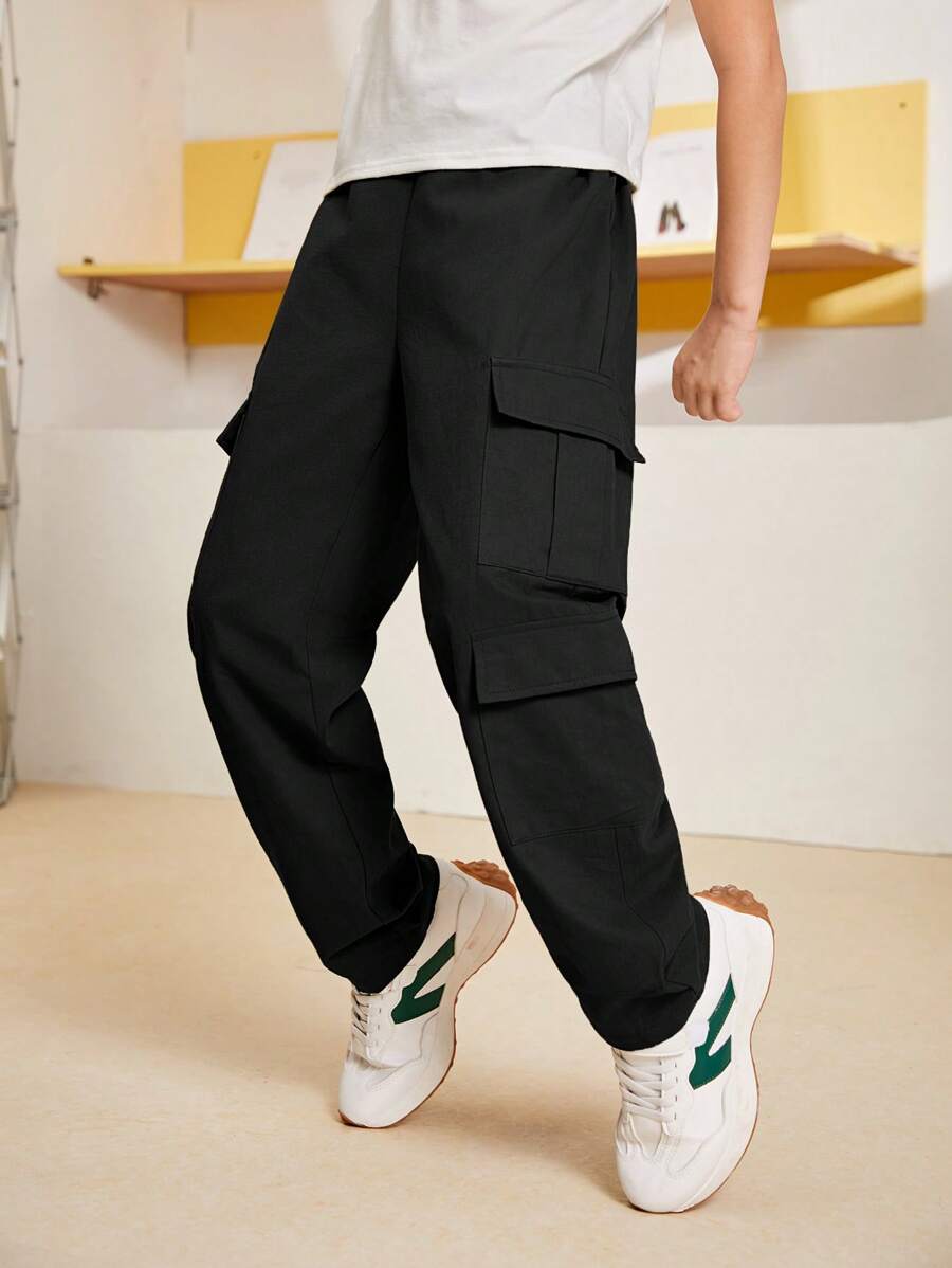 SHEIN Tween Boy Casual Sports Side Flap Pocket Black Cargo Pants ...