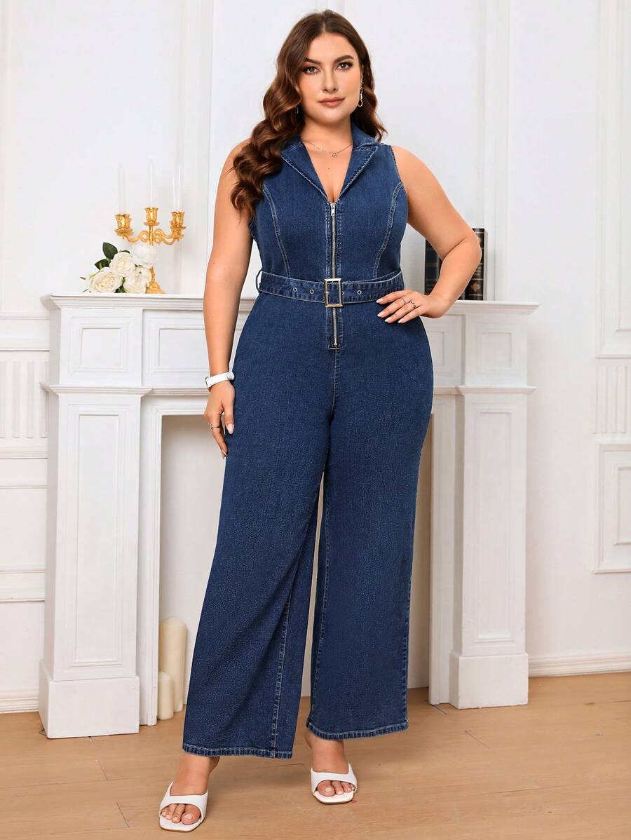 SHEIN Privé Plus Zip Front Belted Denim Jumpsuit | SHEIN USA