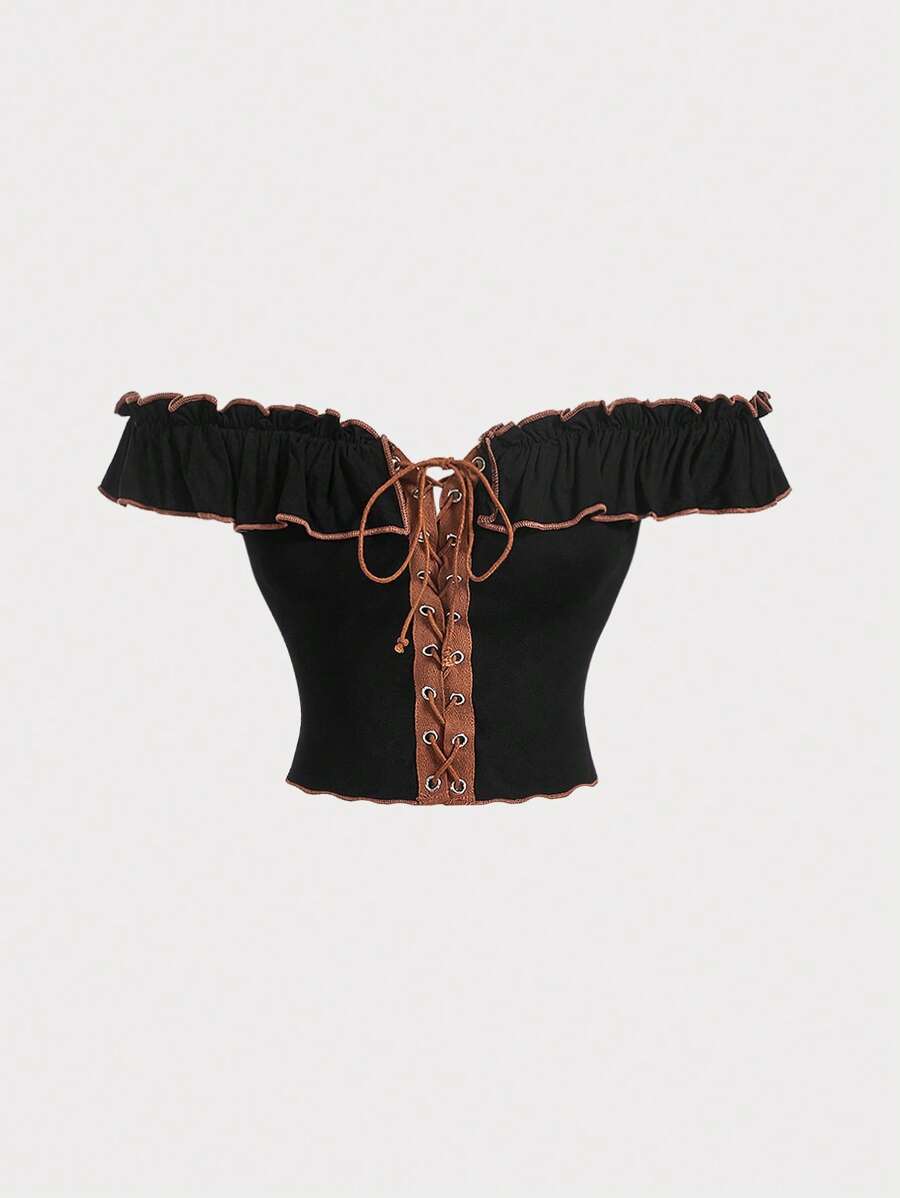 SHEIN MOD Off Shoulder Lace Up Front Frill Trim Crop Top | SHEIN USA
