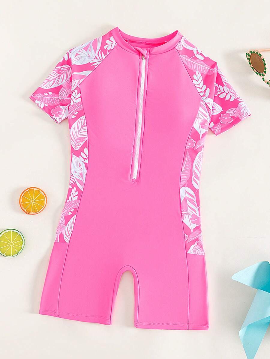 Tween Girl Floral Print Zipper Front One Piece Swimsuit | SHEIN USA