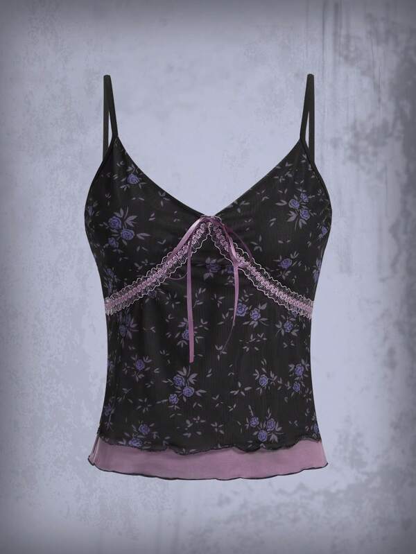 ROMWE Goth Ditsy Floral Print Contrast Lace Cami Top | SHEIN USA