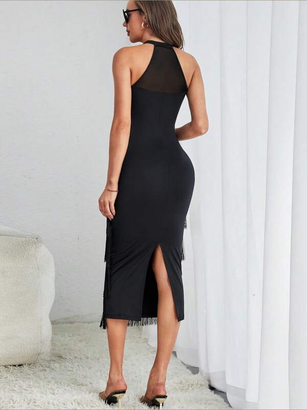 SHEIN Tall Layered Fringe Trim Halter Neck Mesh Insert Dress | SHEIN USA