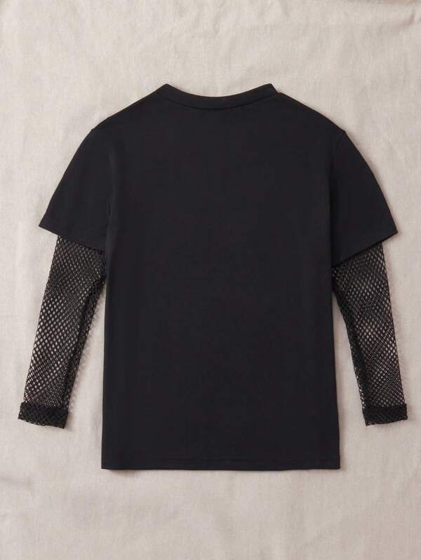 Tween Girl 1pc Letter & Figure Graphic Contrast Fishnet Sleeve Tee ...