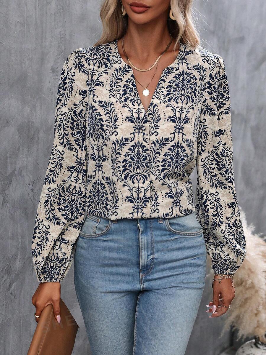 Shein Lune Damask Print Notched Neckline Lantern Sleeve Blouse Shein Usa