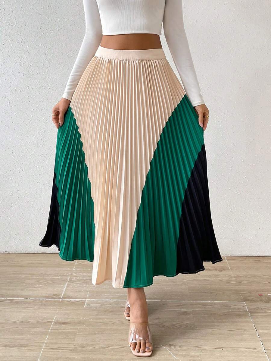 RosyDaze Colorblock Pleated Skirt | SHEIN USA