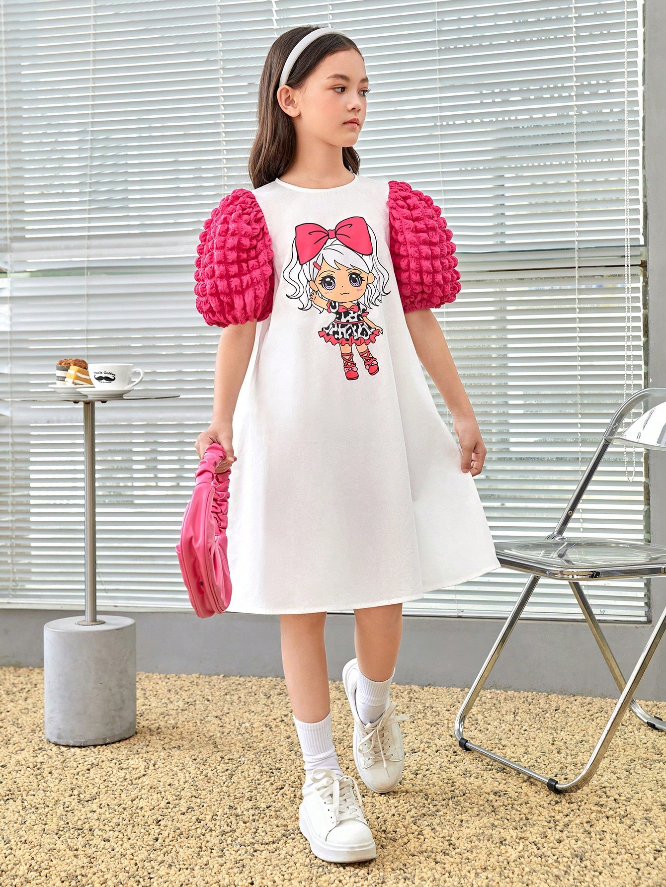 SHEIN Tween Girl Figure Graphic Puff Sleeve Dress | SHEIN USA