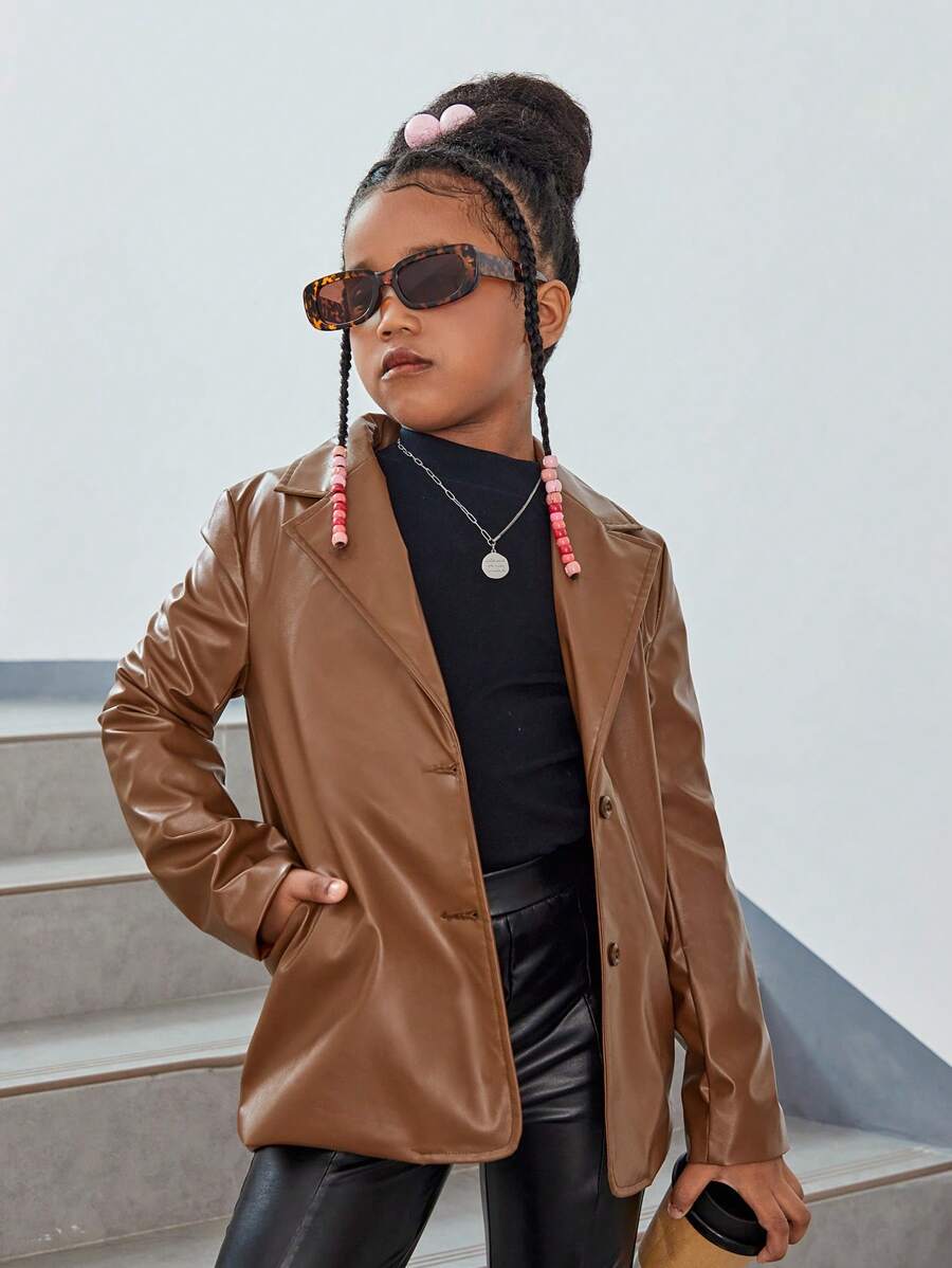SHEIN Tween Girl Lapel Neck PU Leather Coat | SHEIN USA