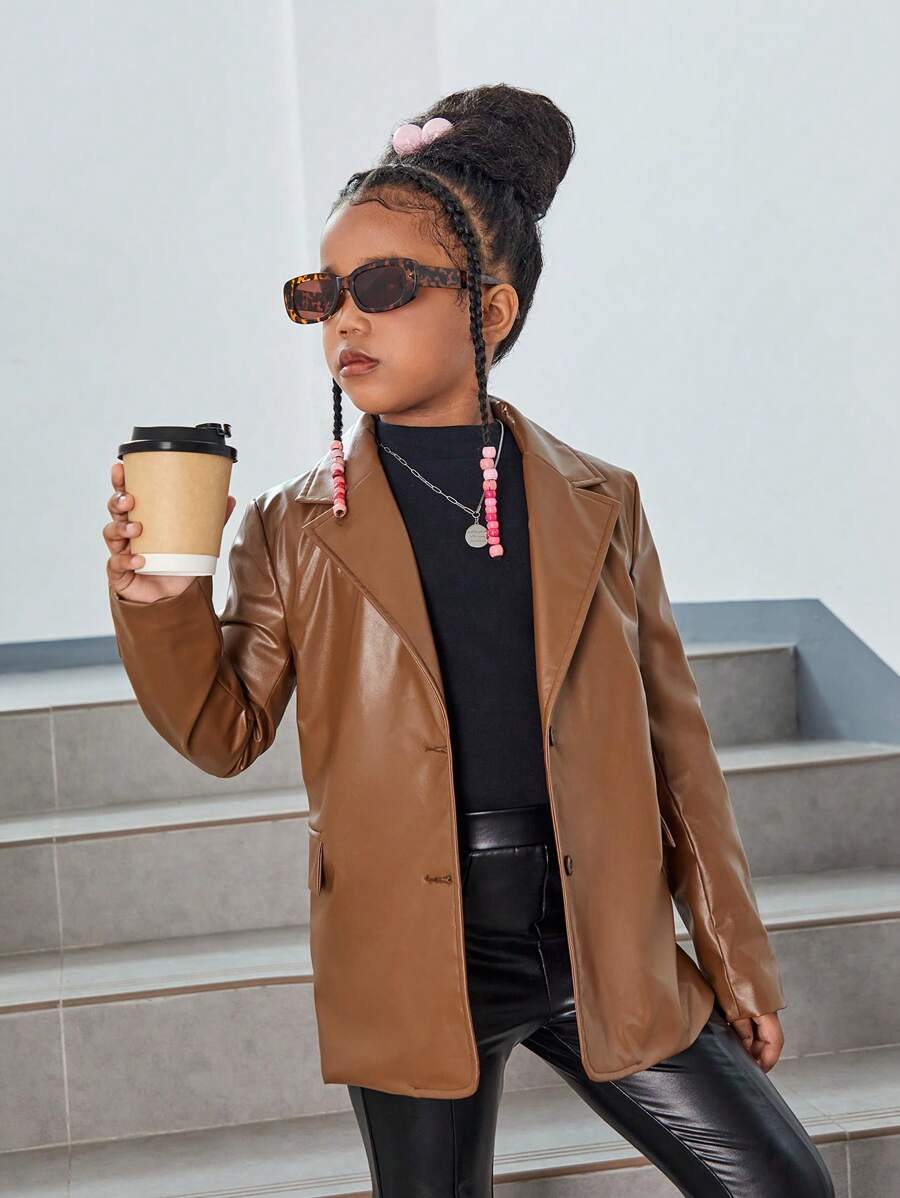 SHEIN Tween Girl Lapel Neck PU Leather Coat | SHEIN USA