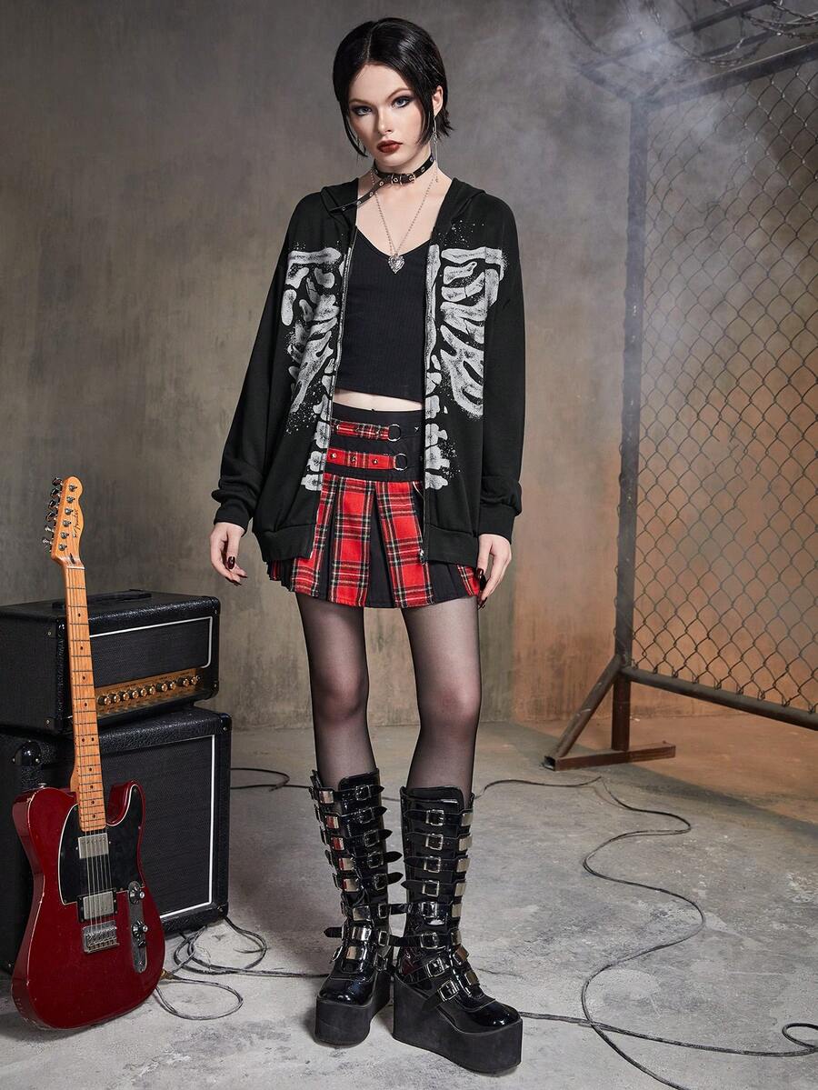 ROMWE Grunge Punk Skeleton Print Zip Up Hoodie | SHEIN USA