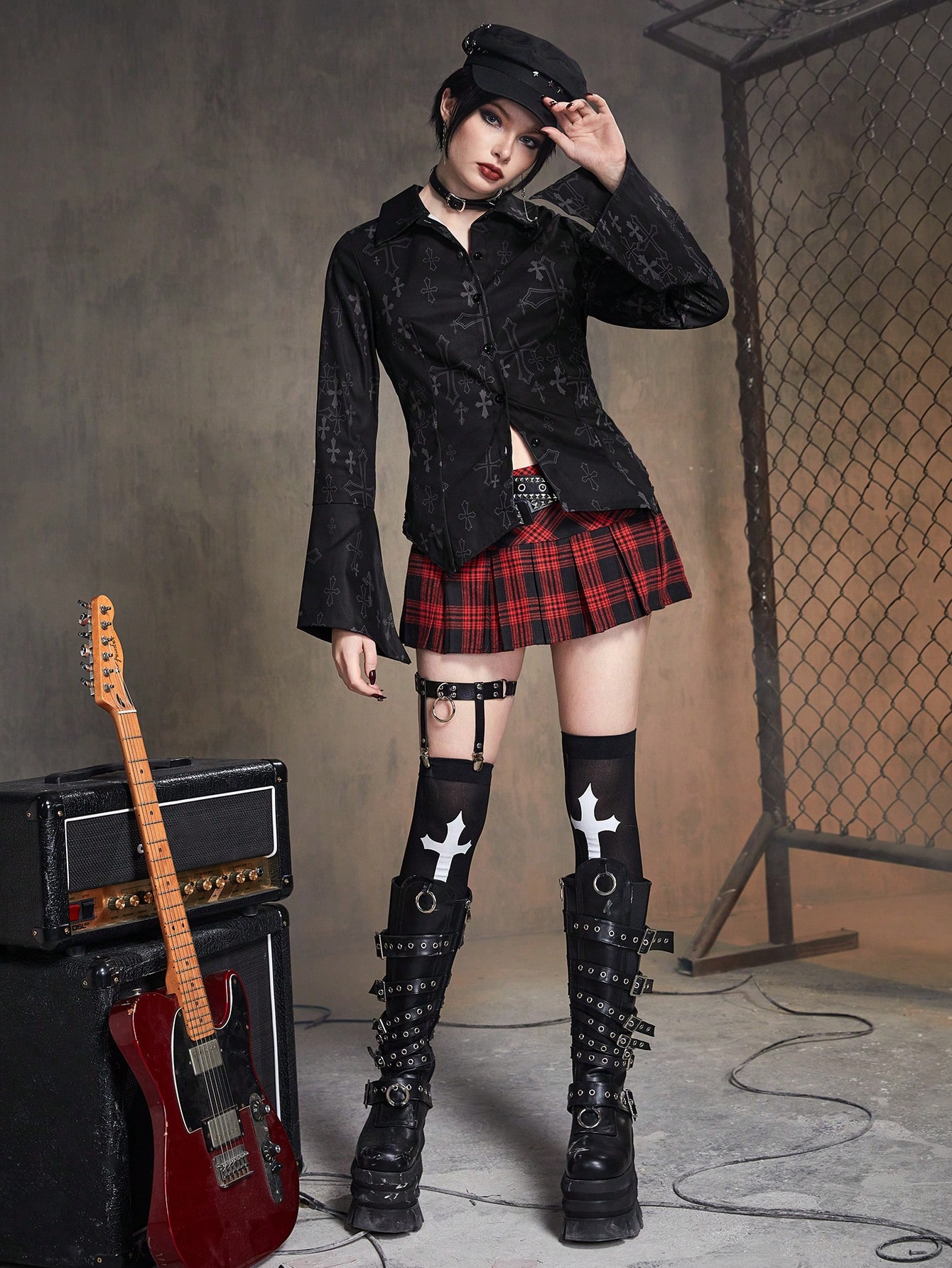 ROMWE Grunge Punk Camisa cruzado con estampado con botón delantero ...