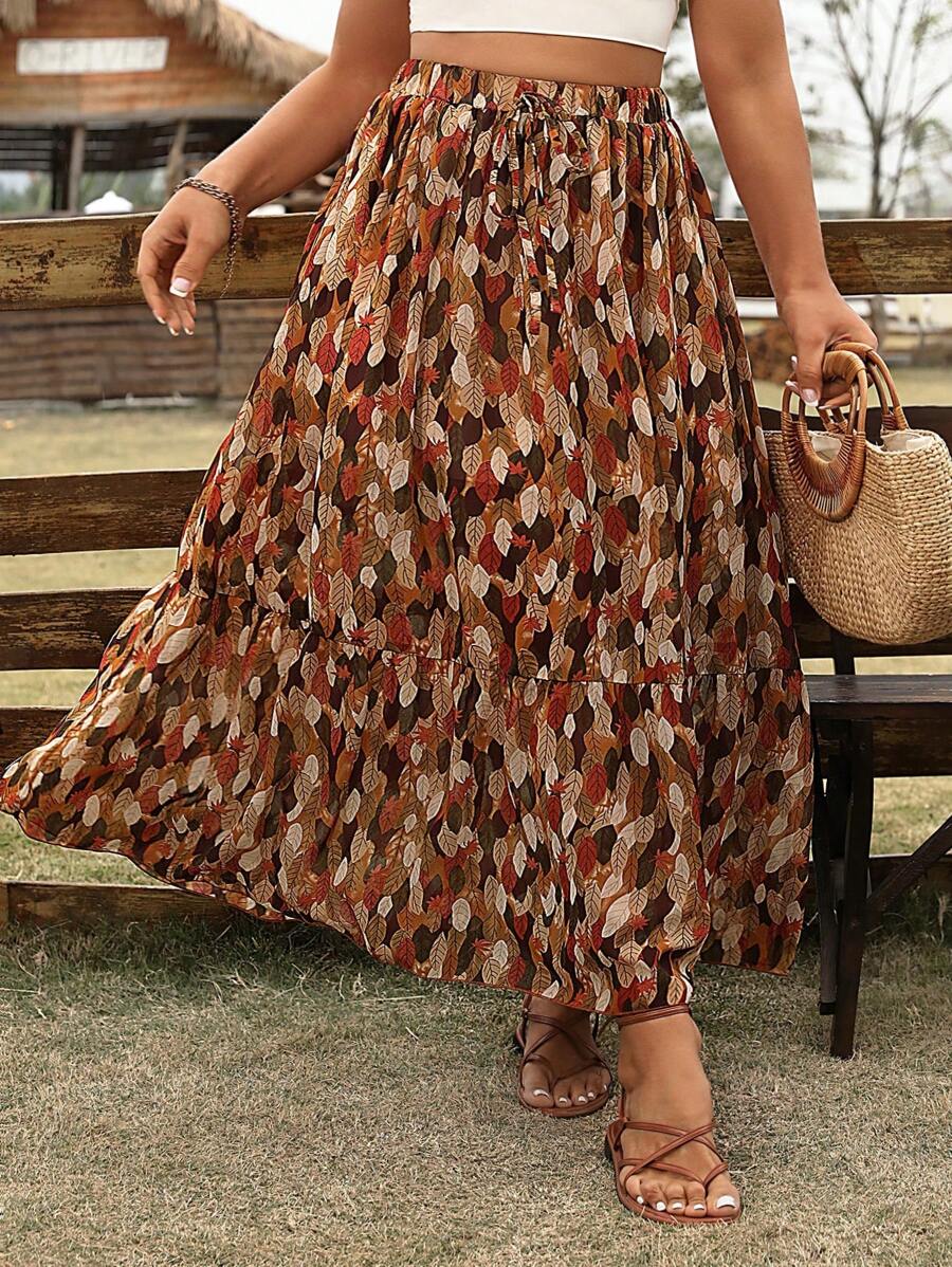 SHEIN LUNE Plus Allover Print Ruffle Hem Skirt | SHEIN USA