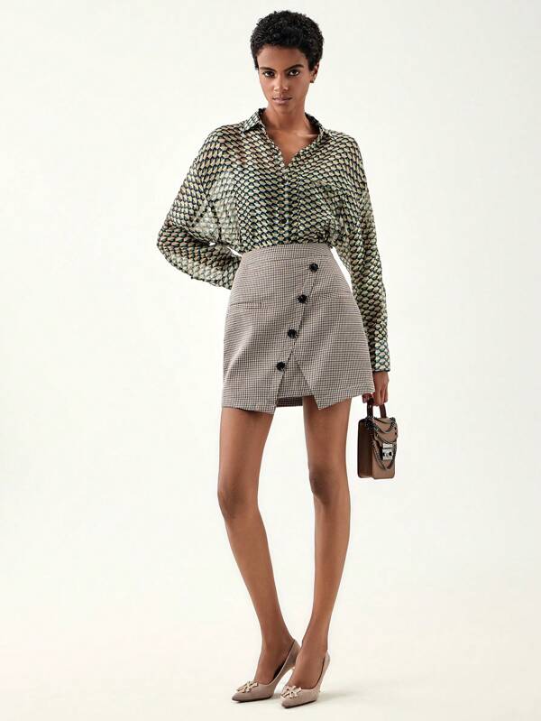 SHEIN BIZwear Falda con estampado de pata de gallo con botón delantero ...