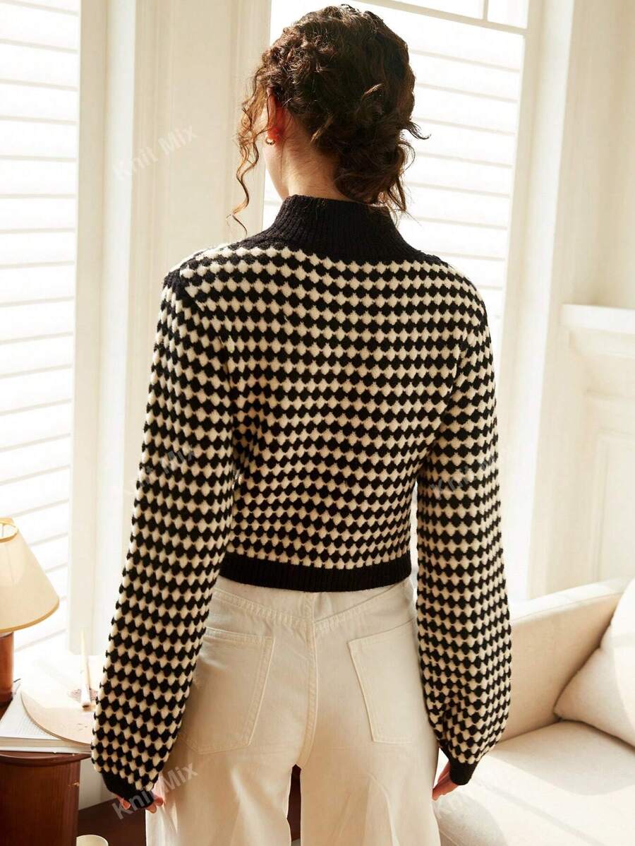 Knit Mix Checker Pattern Mock Neck Sweater | SHEIN USA