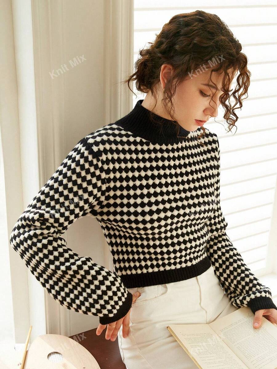 Knit Mix Checker Pattern Mock Neck Sweater | SHEIN USA