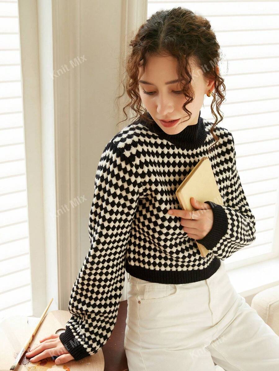 Knit Mix Checker Pattern Mock Neck Sweater | SHEIN USA