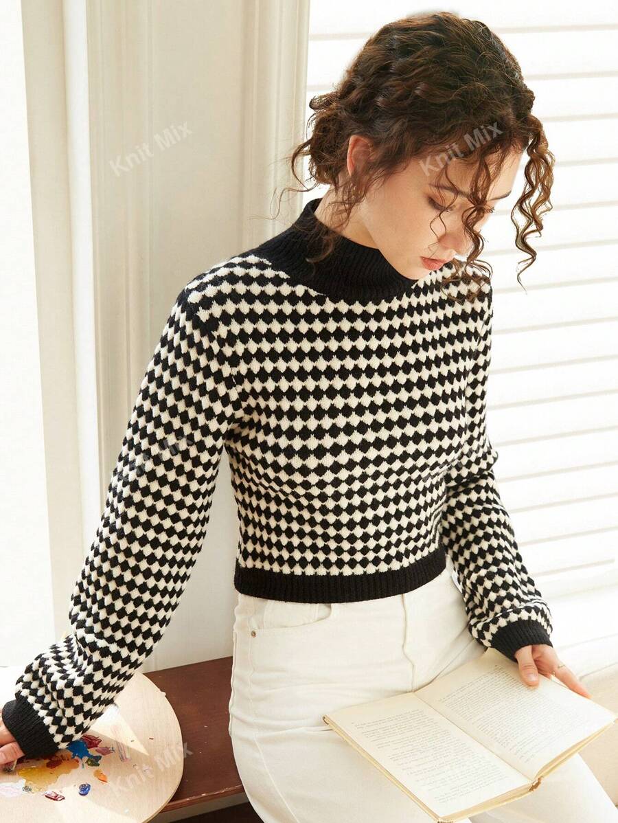 Knit Mix Checker Pattern Mock Neck Sweater | SHEIN USA