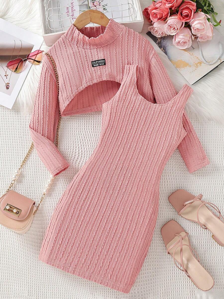 SHEIN Tween Girl Letter Patched Detail Mock Neck Crop Tee & Tank Dress ...