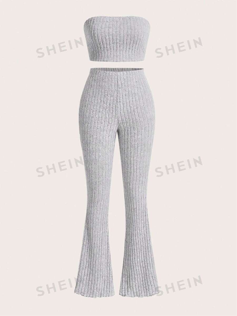 SHEIN X Christiana SHEIN EZwear Solid Tube Top & Flare Leg Pants ...