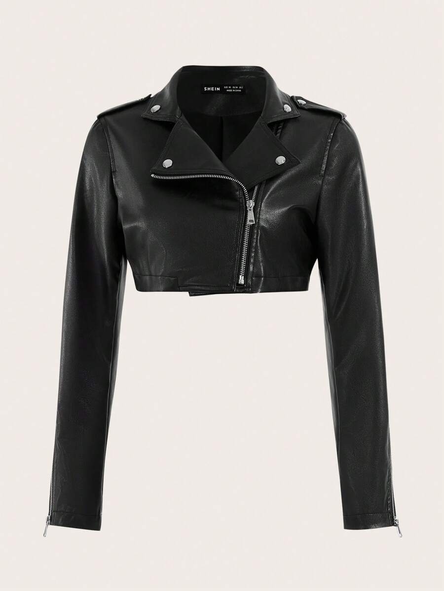 SHEIN ICON Zip Up Crop PU Leather Moto Jacket In Fall/Winter | SHEIN USA