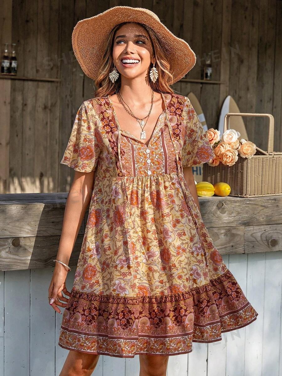 SHEIN VCAY Strappy Bohemian Style Vacation Floral Babydoll Dress ...