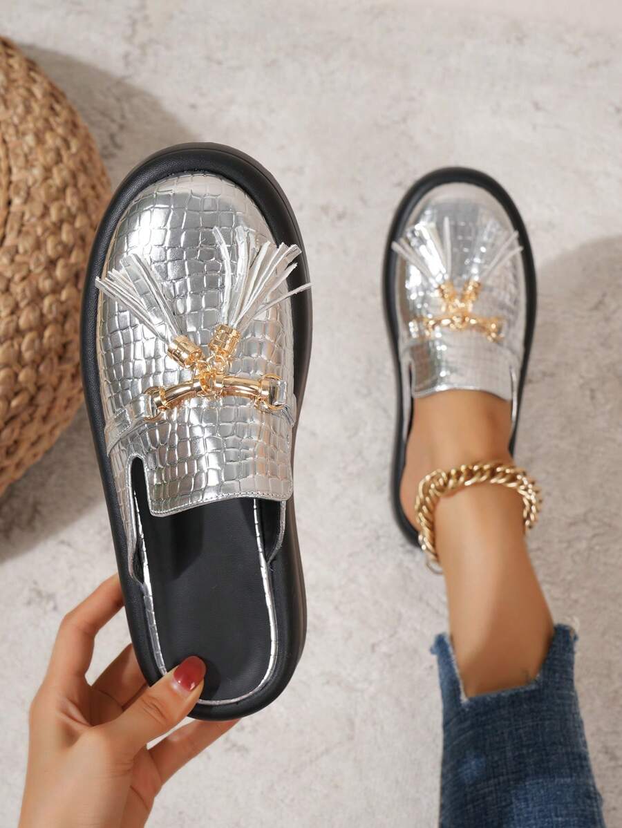 Vintage Outdoor Round Toe Thick-soled Flat Mules With Crocodile Pattern ...