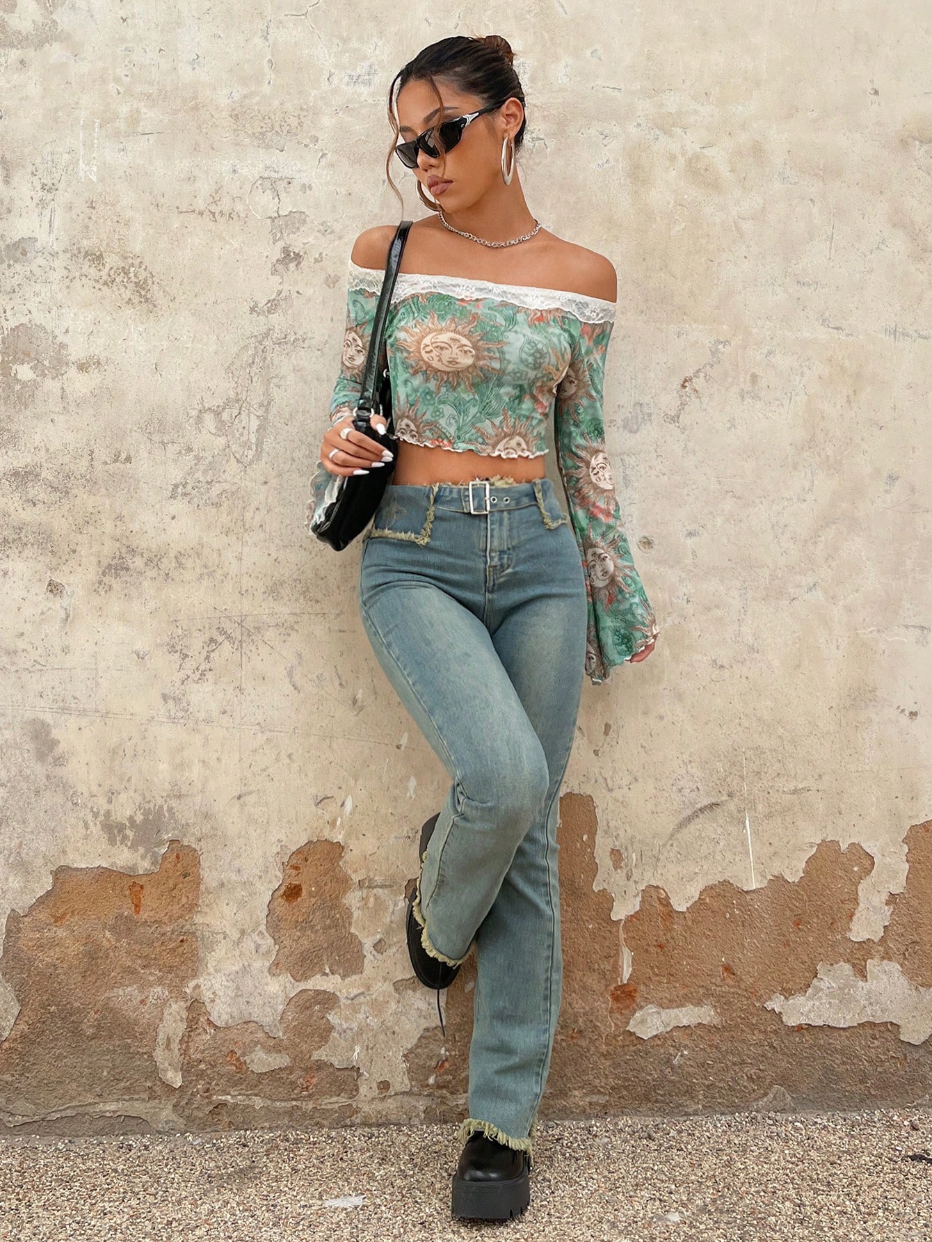 SHEIN ICON Sun & Floral Print Off Shoulder Lettuce Trim Trumpet Sleeve ...