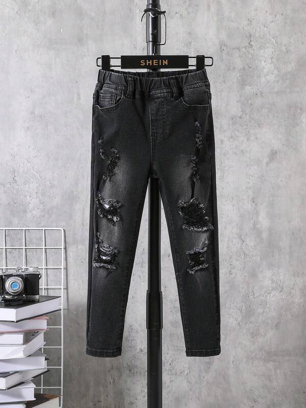 SHEIN Young Boy Ripped Frayed Elastic Waist Jeans | SHEIN USA