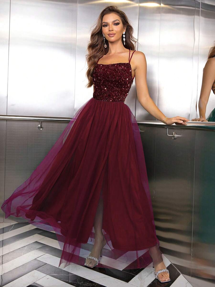 Joyfunear Contrast Sequin Mesh Overlay Cami Party Dress Prom Dresses ...