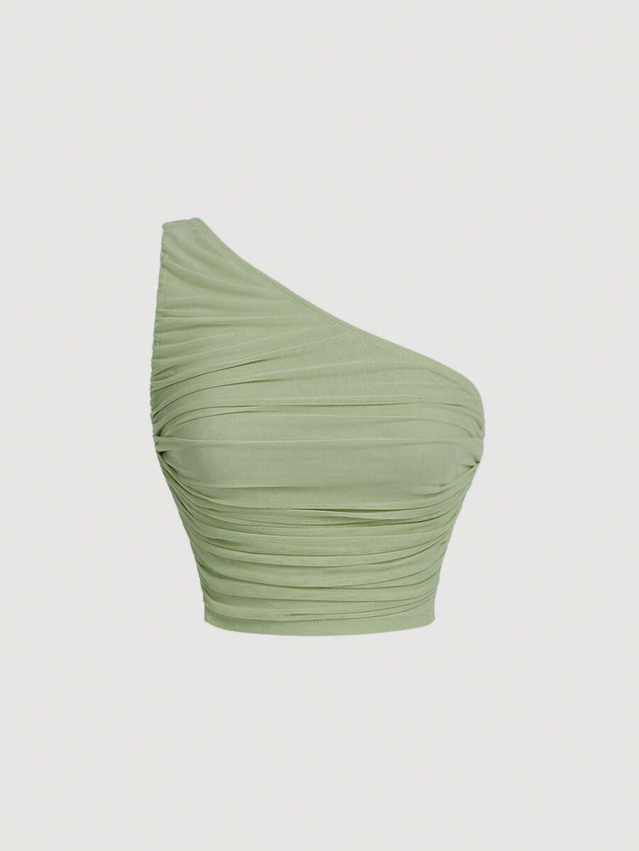 SHEIN MOD One Shoulder Ruched Waist Slim Fit Green Mesh Top | SHEIN USA