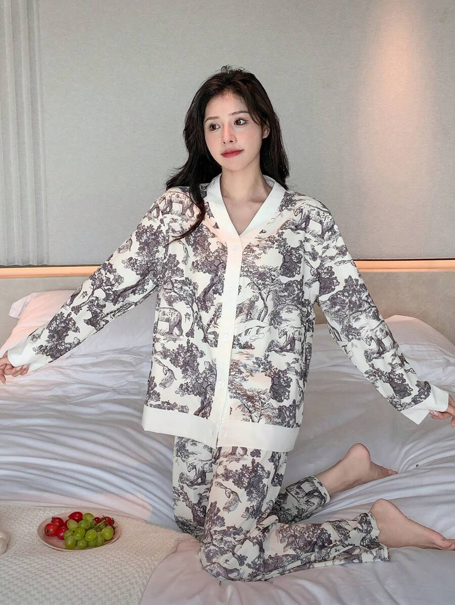 DAZY Tree & Bear Print Button Through Lounge Set | SHEIN USA