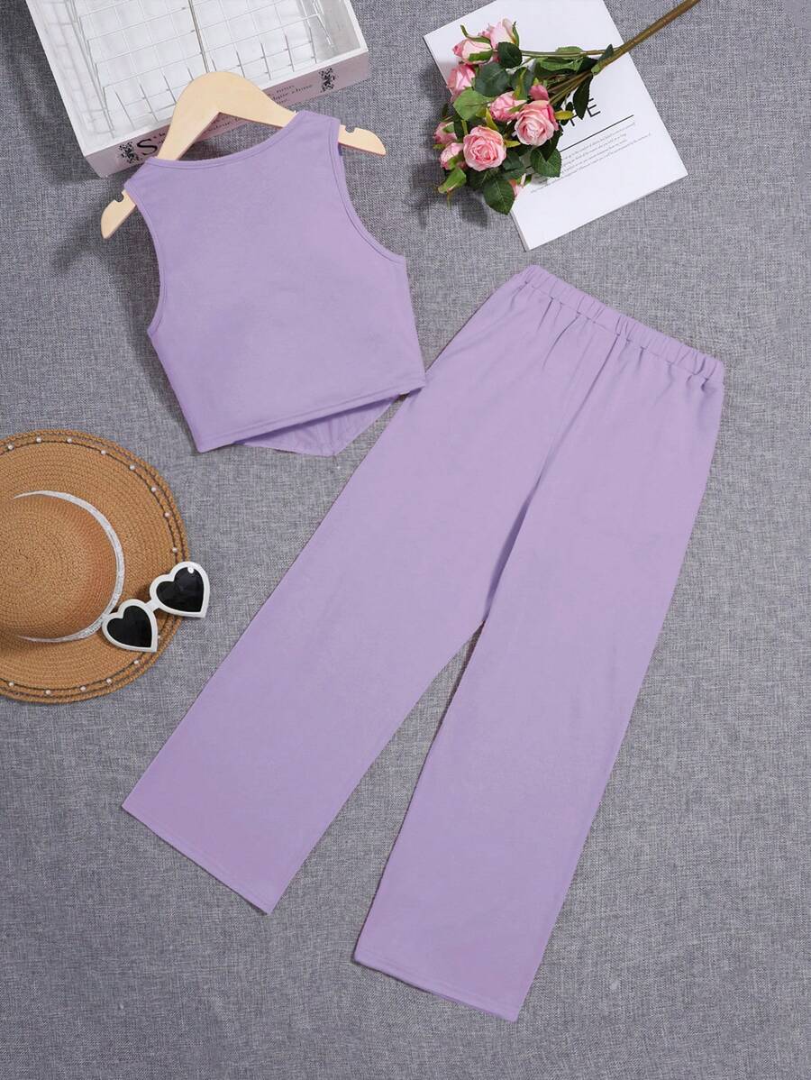 SHEIN Kids Cooltwn Casual Solid Color Tank Top And Pants Outfit For ...