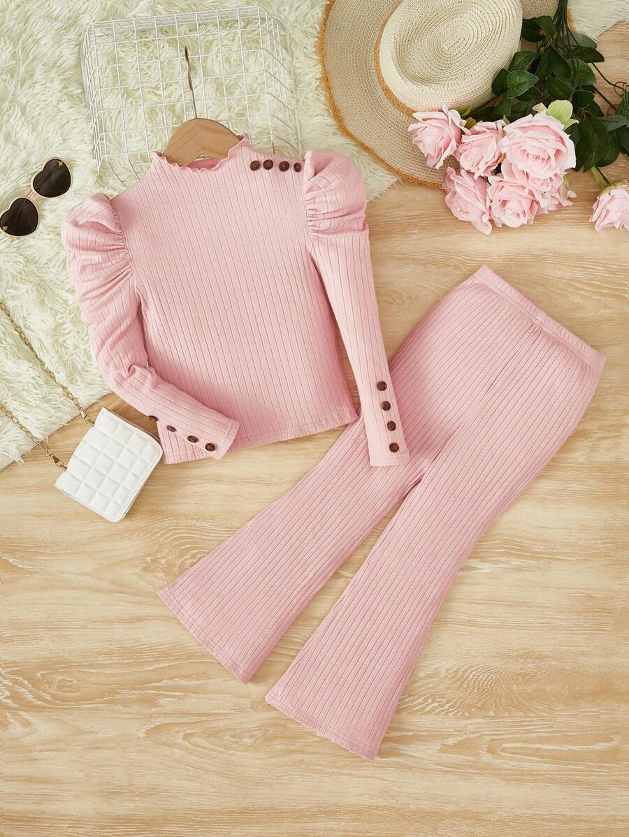 Shein Young Girl Mock Neck Gigot Sleeve Tee And Flare Leg Pants Girls