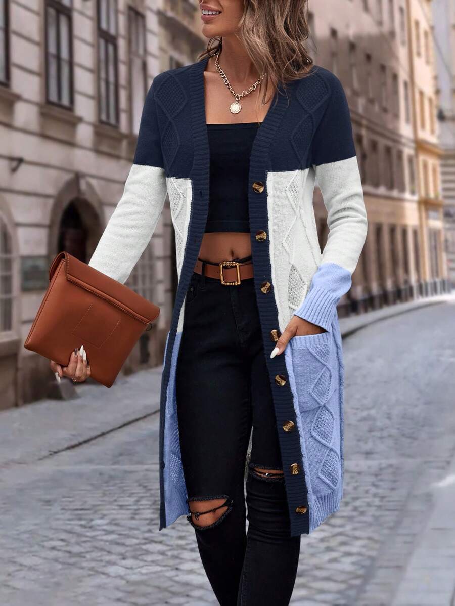 SHEIN LUNE Color Block Dual Pocket Button Front Cardigan,Long Sleeve ...
