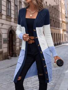 SHEIN LUNE Color Block Dual Pocket Button Front Cardigan,Long Sleeve ...