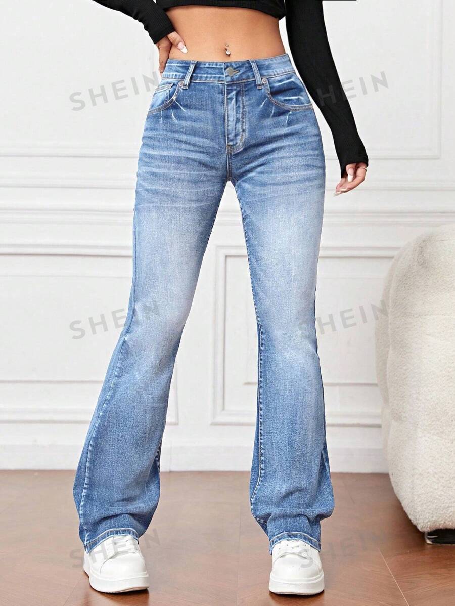 SHEIN EZwear Bleach Wash Flare Leg Jeans | SHEIN USA