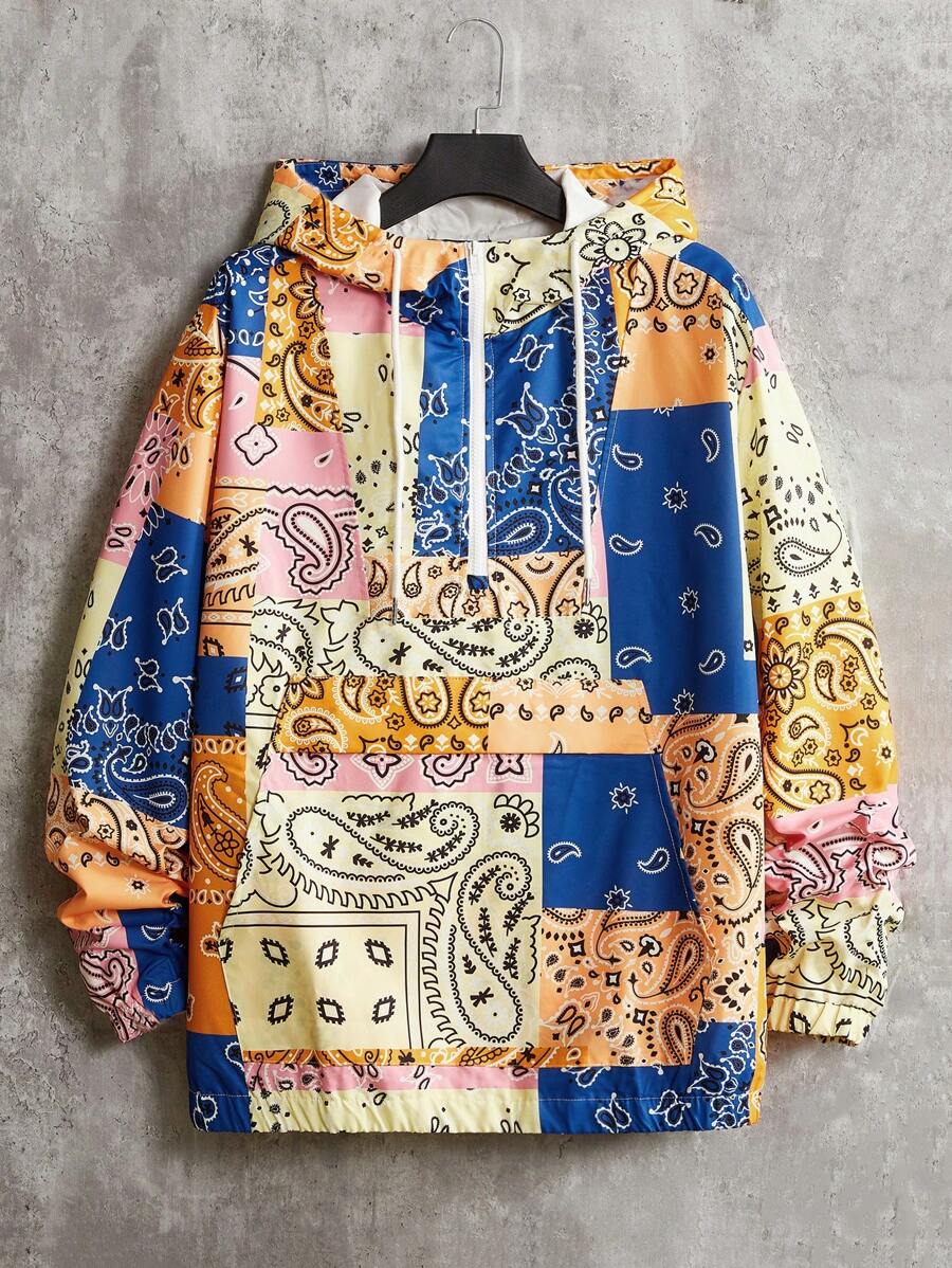 Manfinity VCAY Loose Fit Men Plus Size Paisley Patchwork Print Drawstring Hooded Jacket | SHEIN USA
