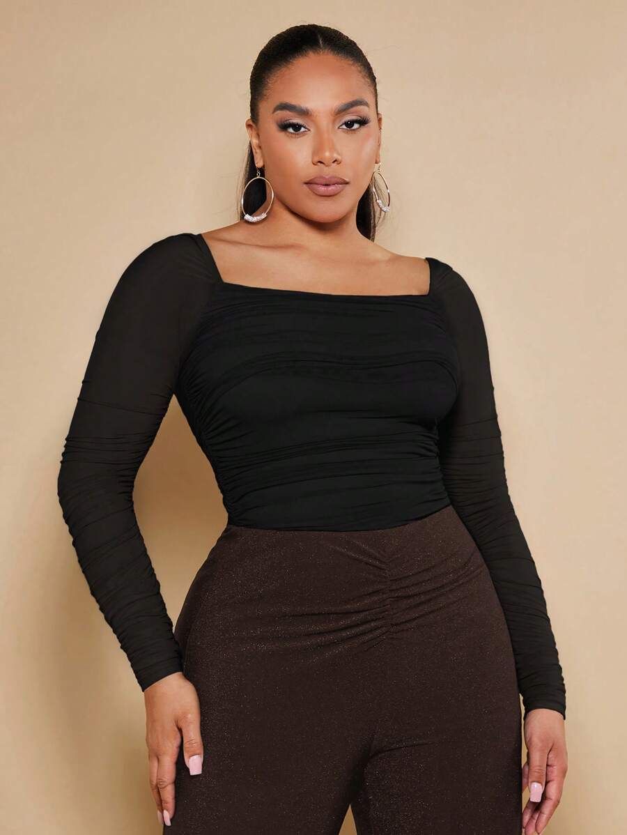 SHEIN BAE Plus Square Neck Ruched Mesh Top | SHEIN USA