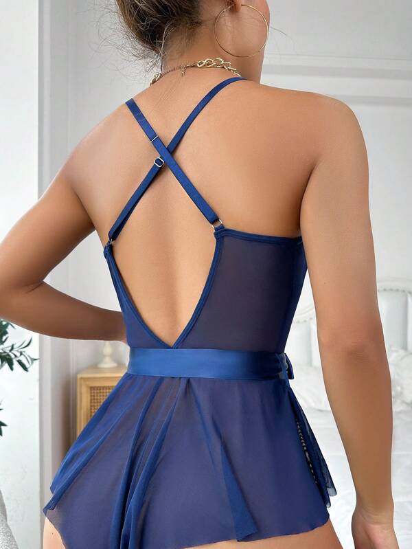 Contrast Lace Mesh Ruffle Hem Belted Teddy Bodysuit | SHEIN USA