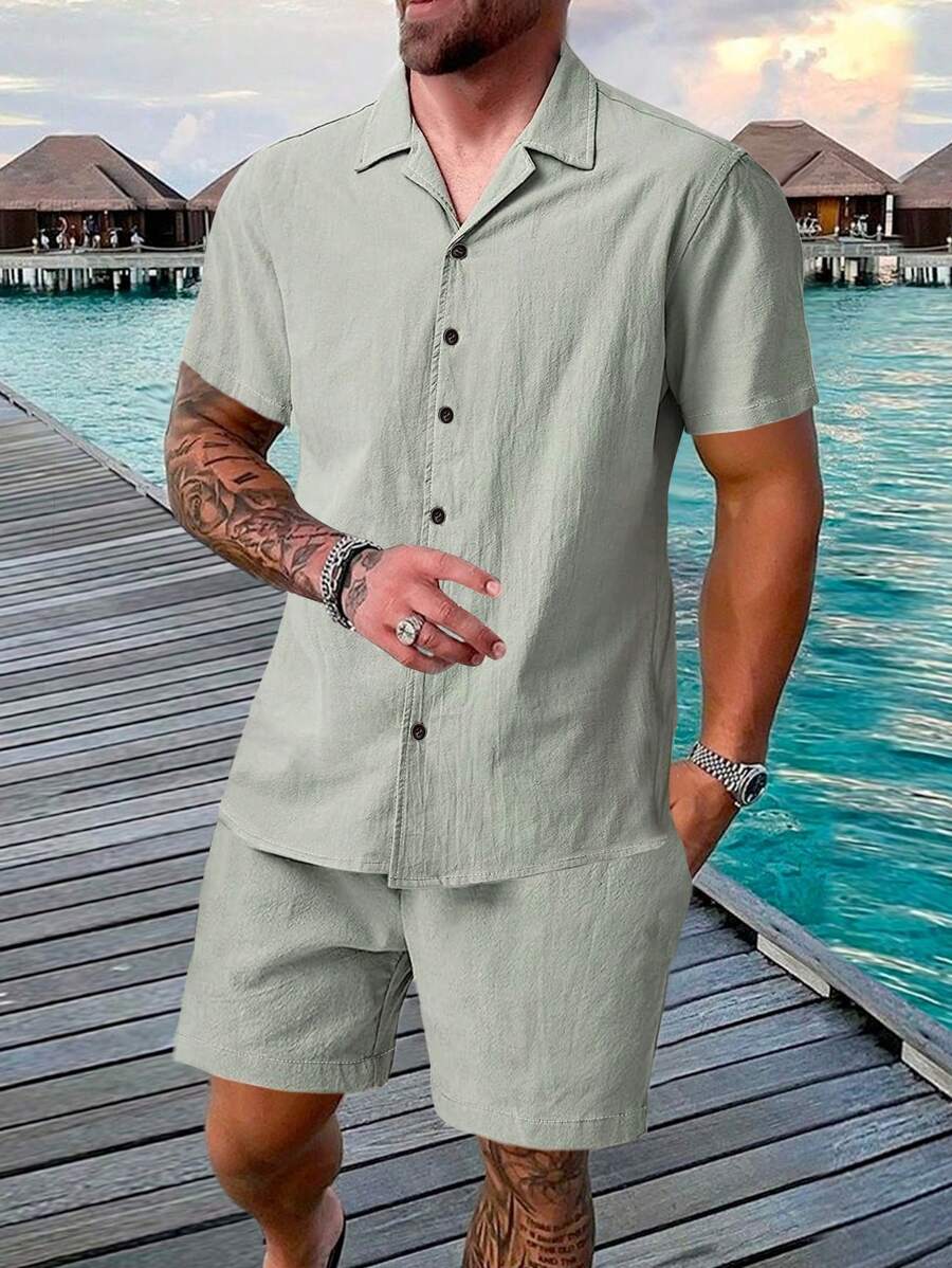 VIVINTIMO Men Vacation Casual Plain Cotton Solid Button Up Shirt ...