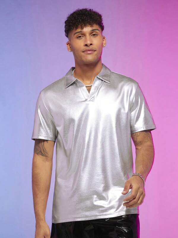 SHEIN Manfinity Fever City Men Solid Metallic Polo Shirt | SHEIN USA