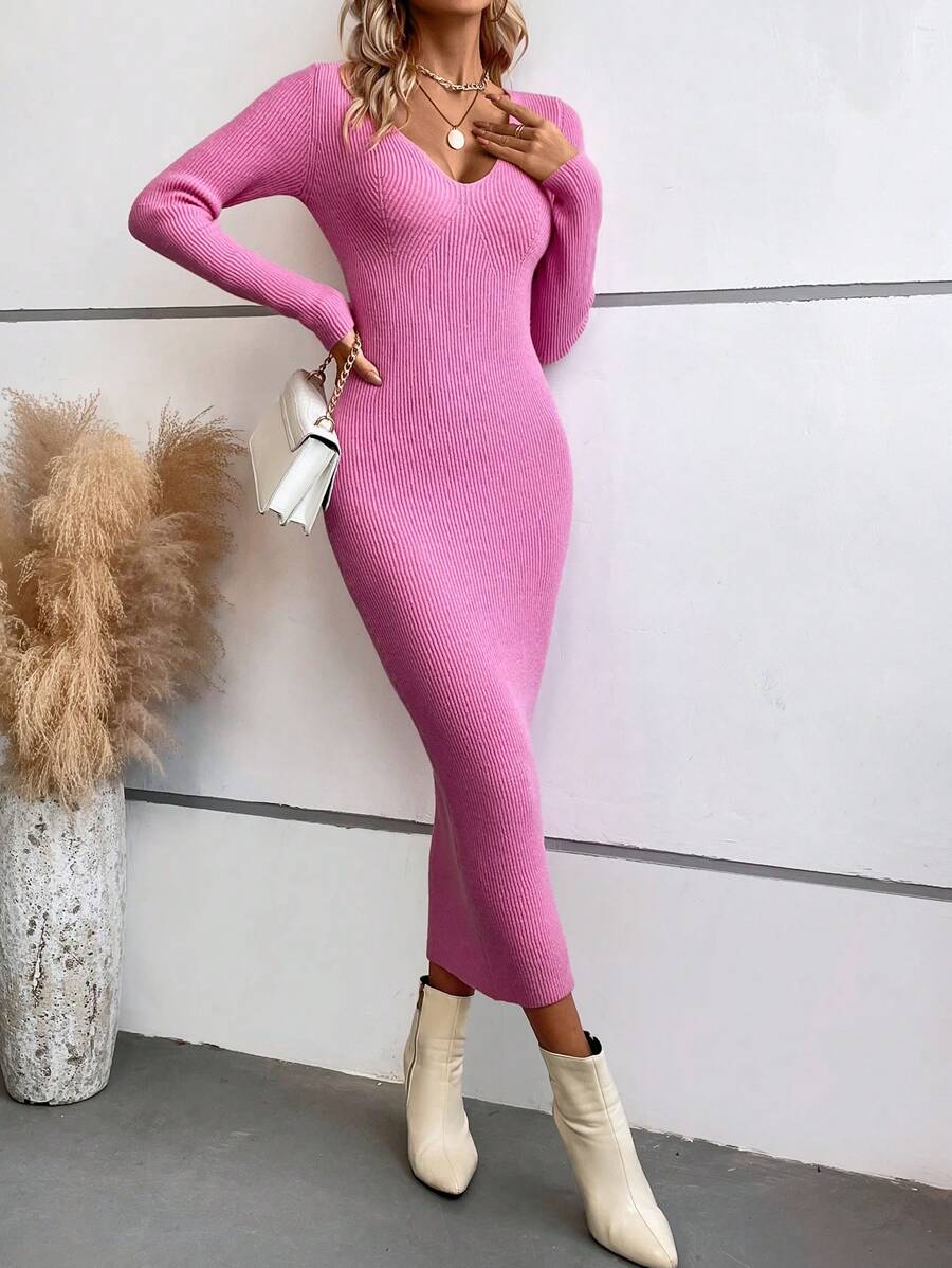 SHEIN Clasi Solid Ribbed Knit Sweater Dress | SHEIN USA