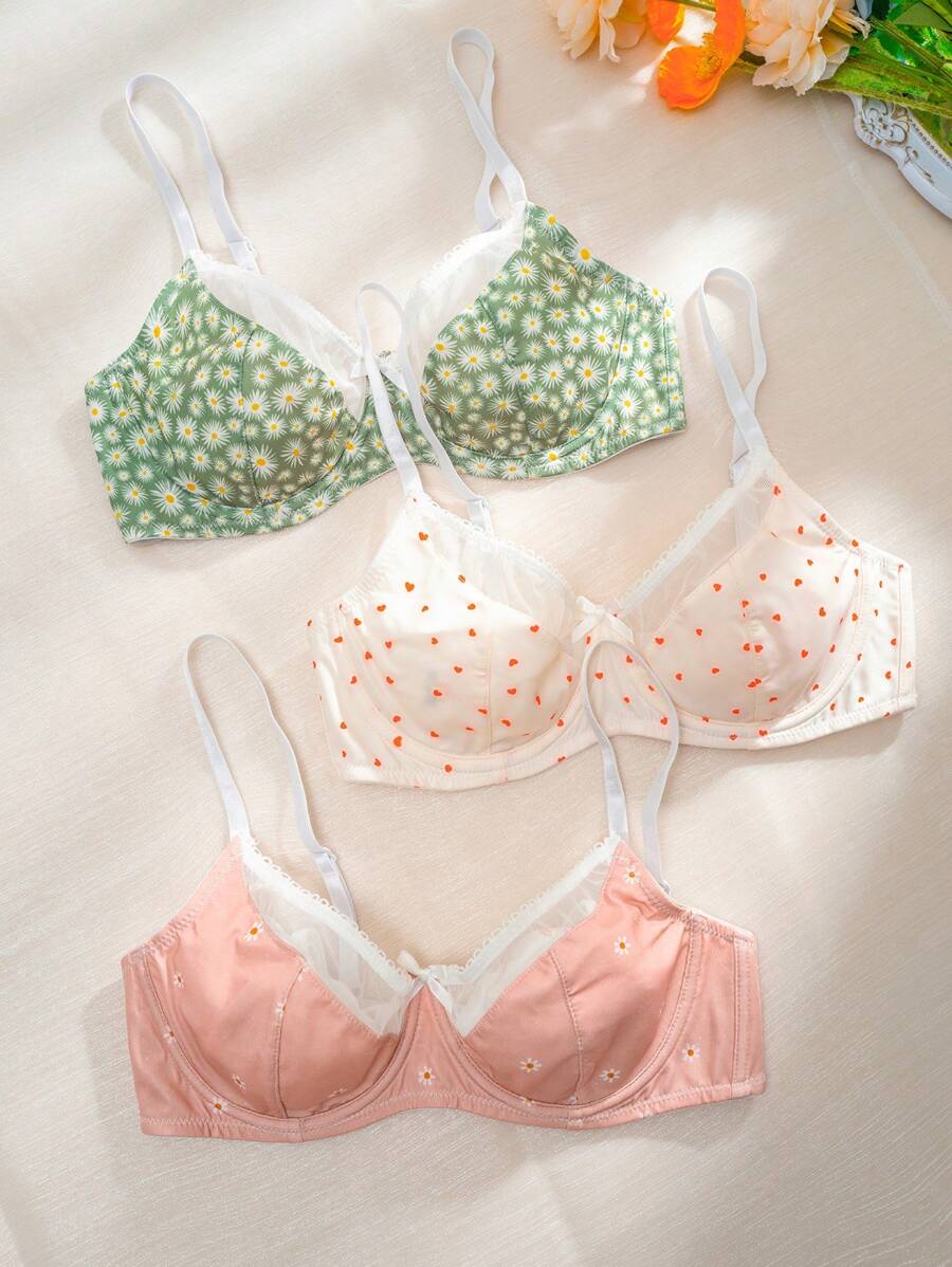 3pcs Floral Print Contrast Lace Underwire Bra Lingerie | SHEIN USA